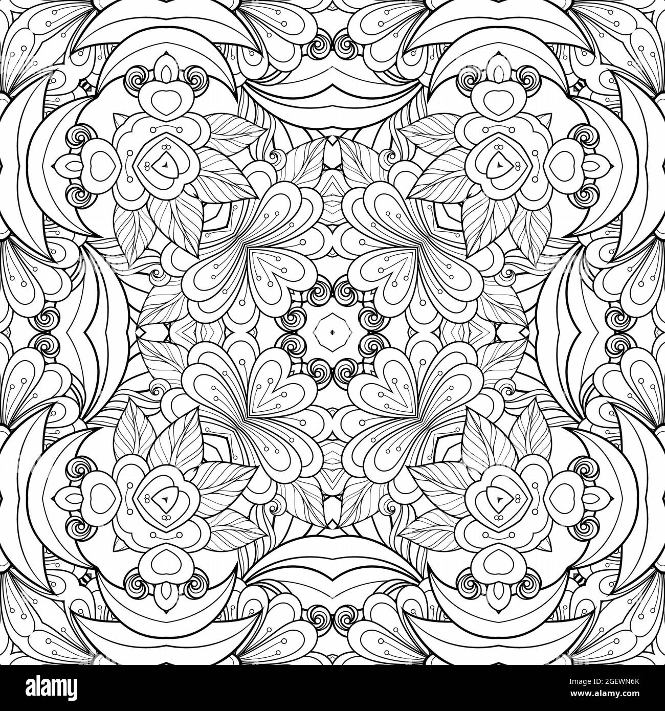 Black and white pattern coloring flowers and leaves. Geometric ...