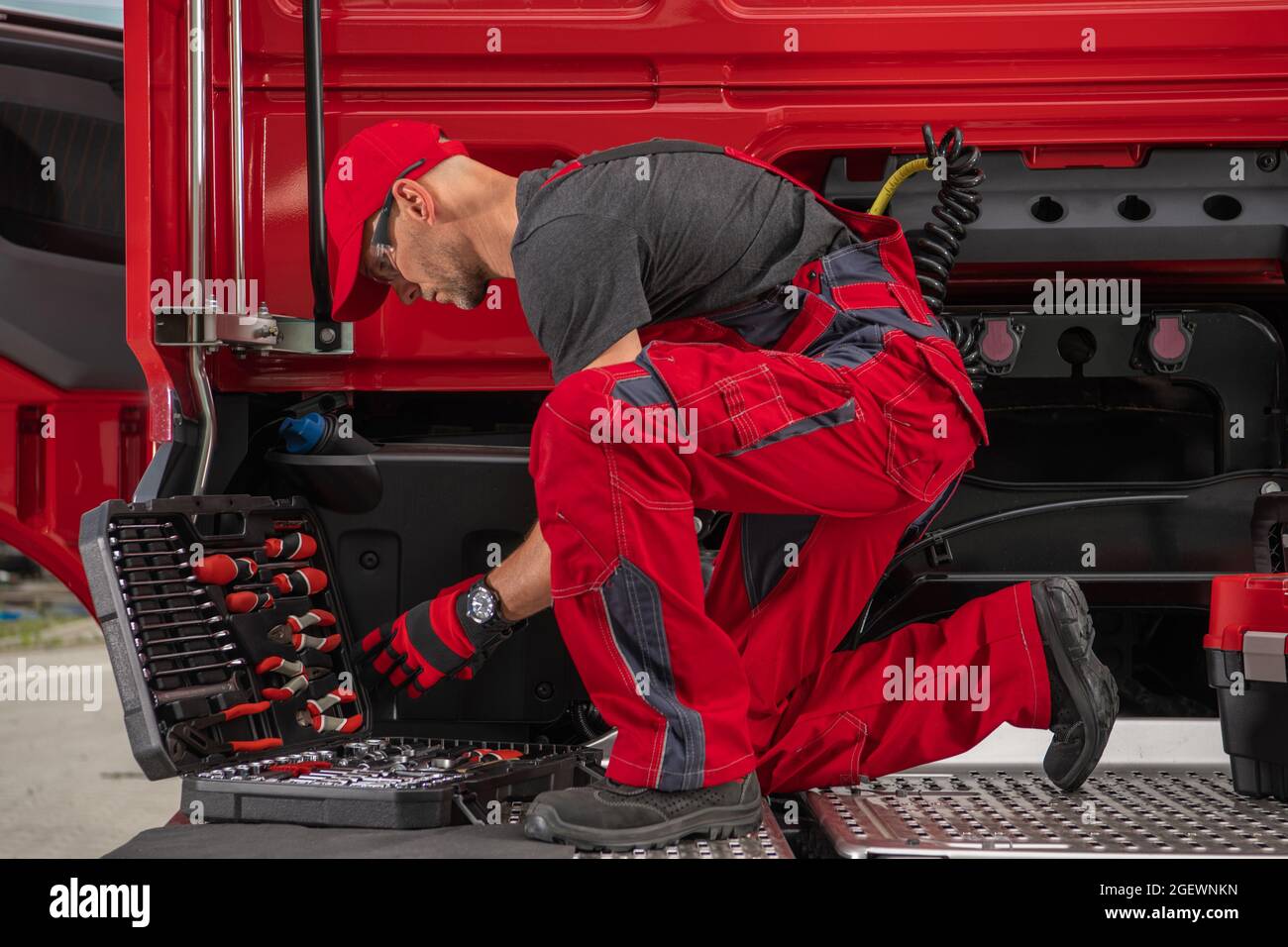 Semi Truck Heavy Duty Vehicles Mechanic Performing Scheduled Tractor ...