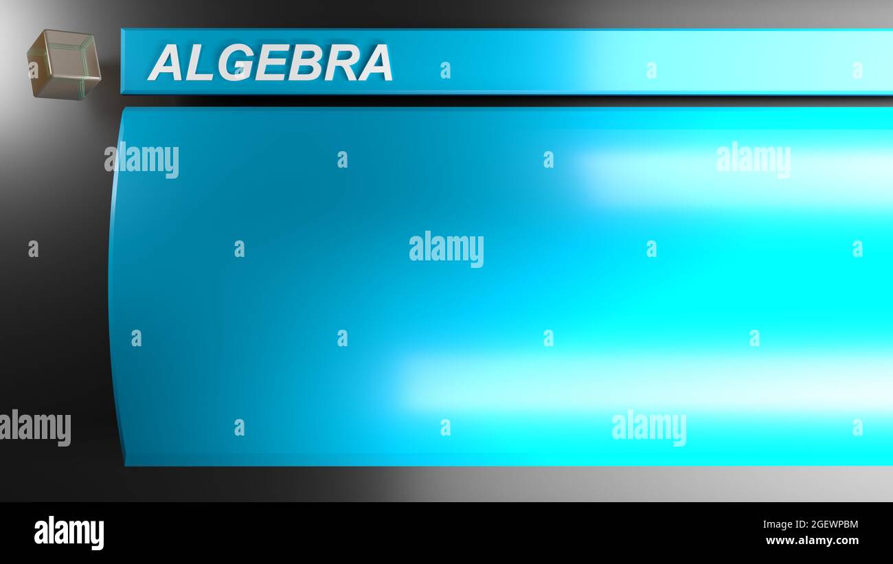 ALGEBRA blue glossy background with transparent icon cube - 3D ...
