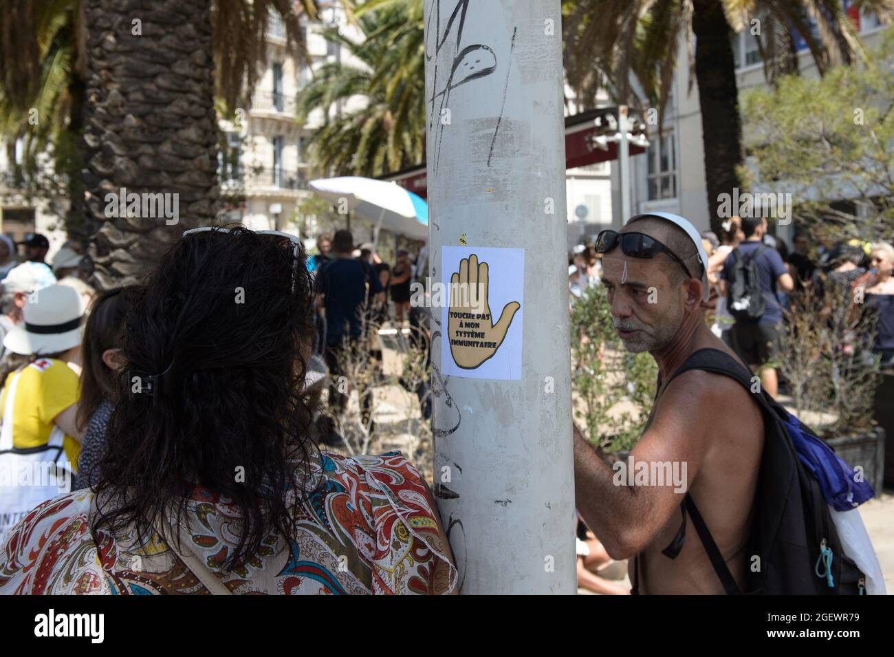 Toulon, France. 21st Aug, 2020. A yellow hand sticker with the slogan ...