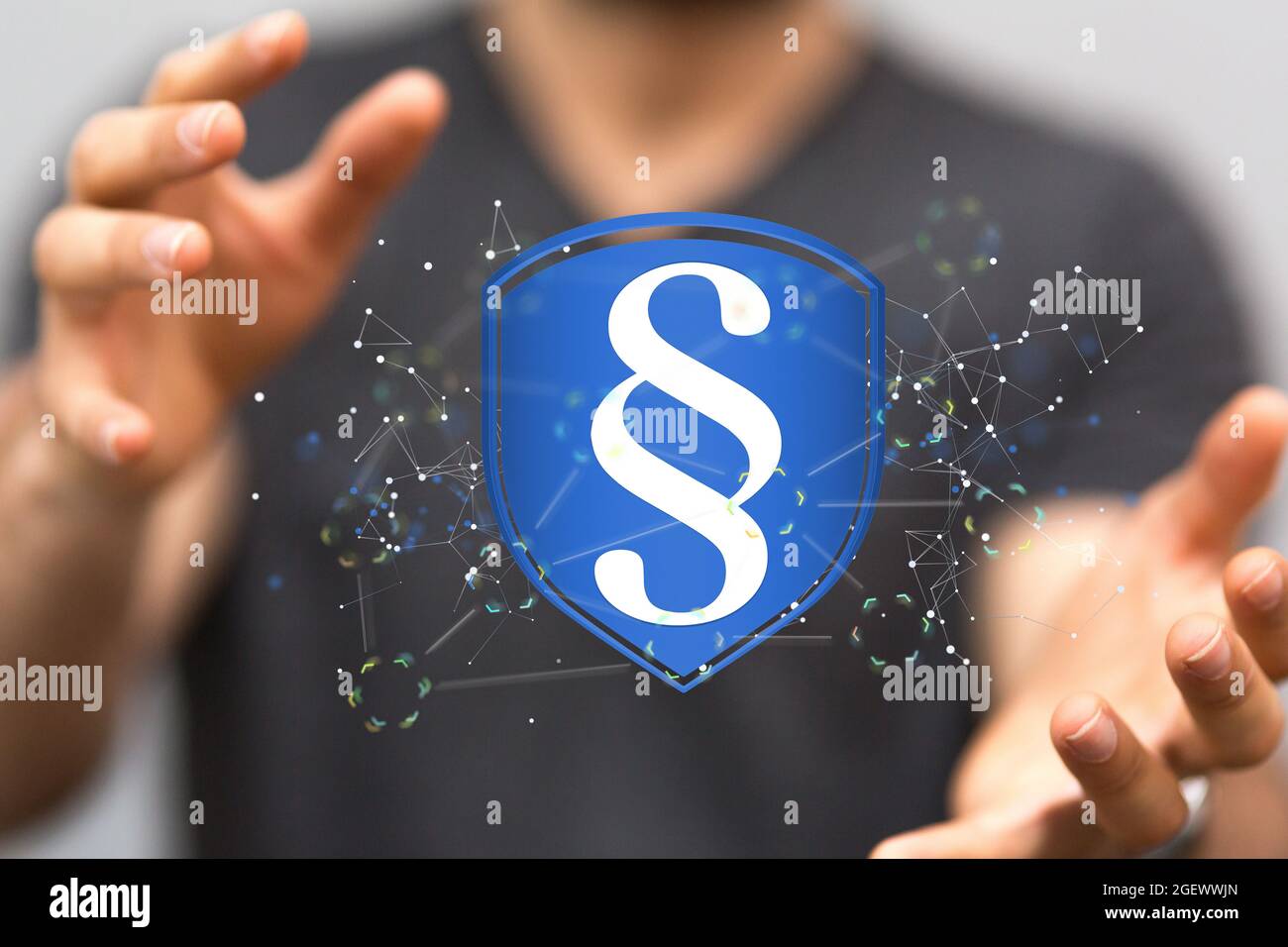 Digital concept of law and justice with floating law symbols in hands ...