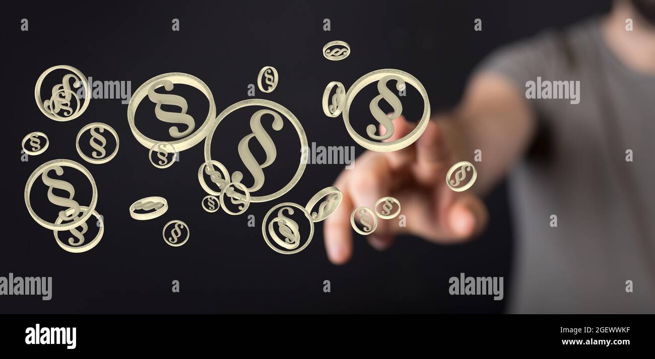 Finger touching a digital concept of law and justice with floating law ...