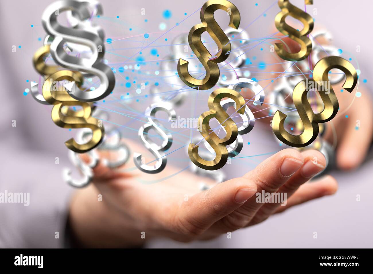 Digital concept of law and justice with floating law symbols on a hand ...