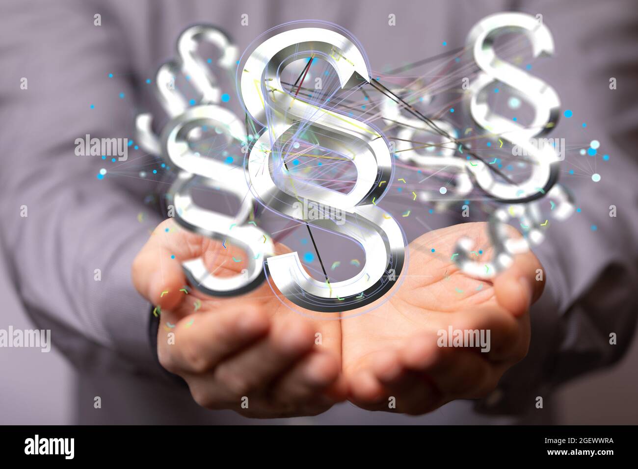 Digital concept of law and justice with floating law symbols on hands ...