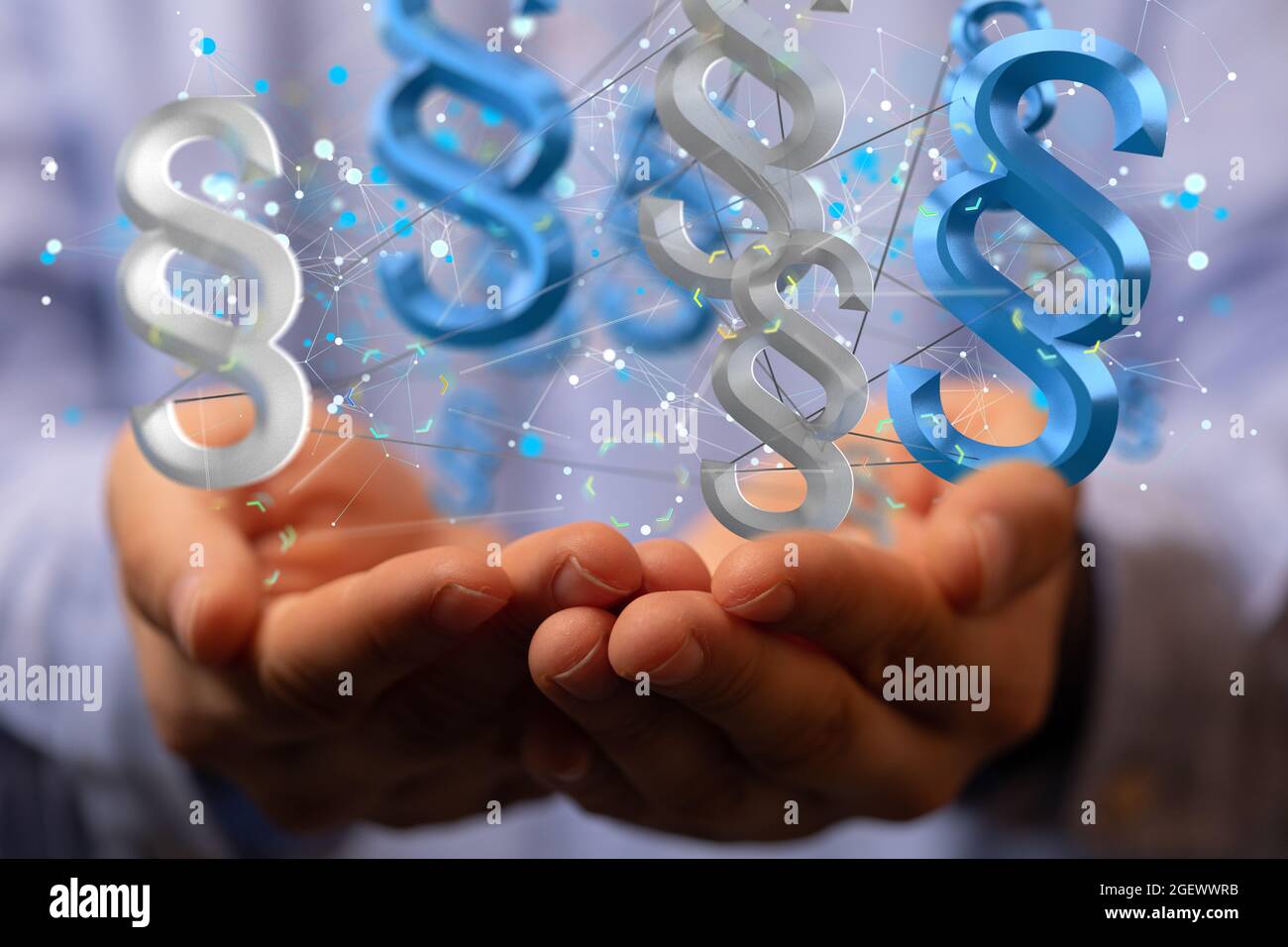 Digital concept of law and justice with floating law symbols on hands ...