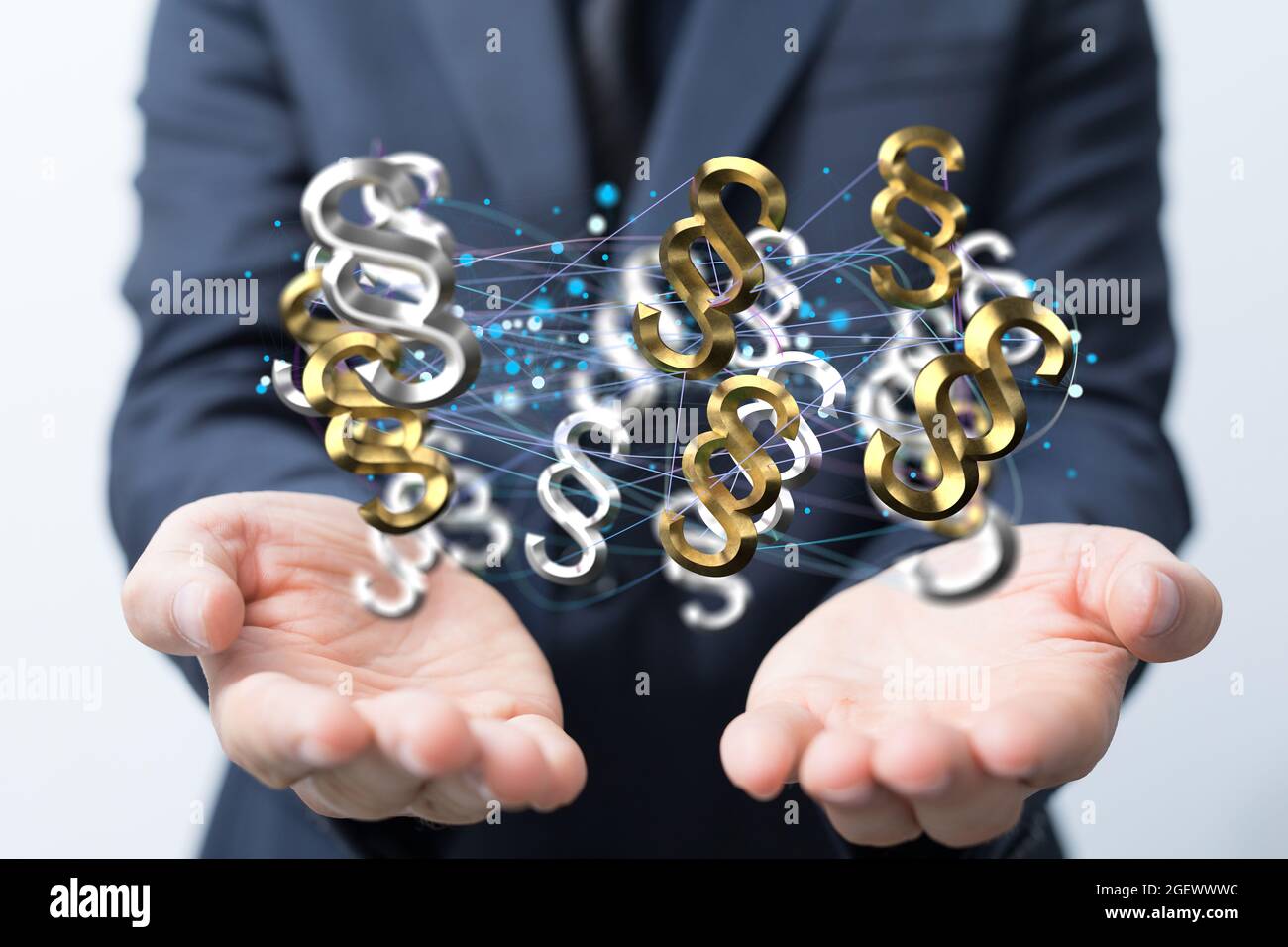 Digital concept of law and justice with floating law symbols on a hand ...