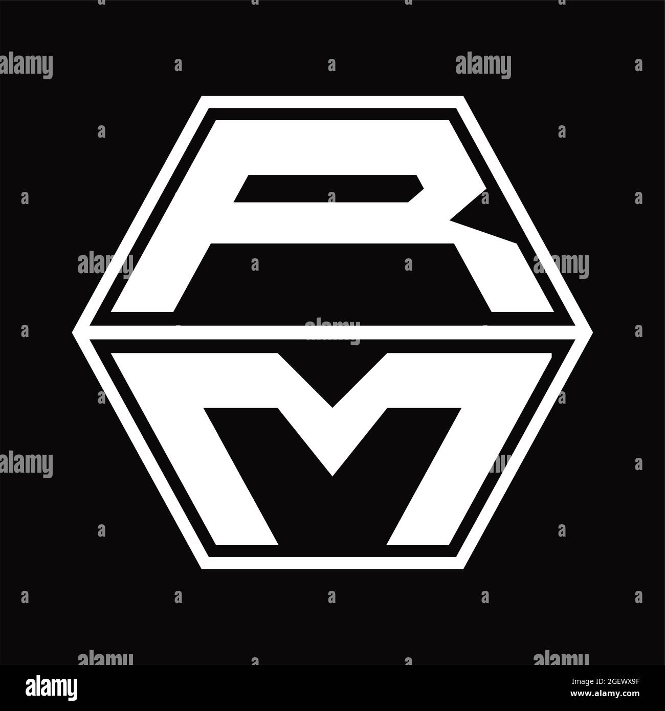 RM Logo monogram with hexagon shape up and down blackground design ...