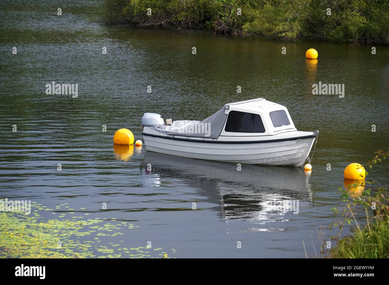 Single white boat alone on lake during summer Stock Photo - Alamy