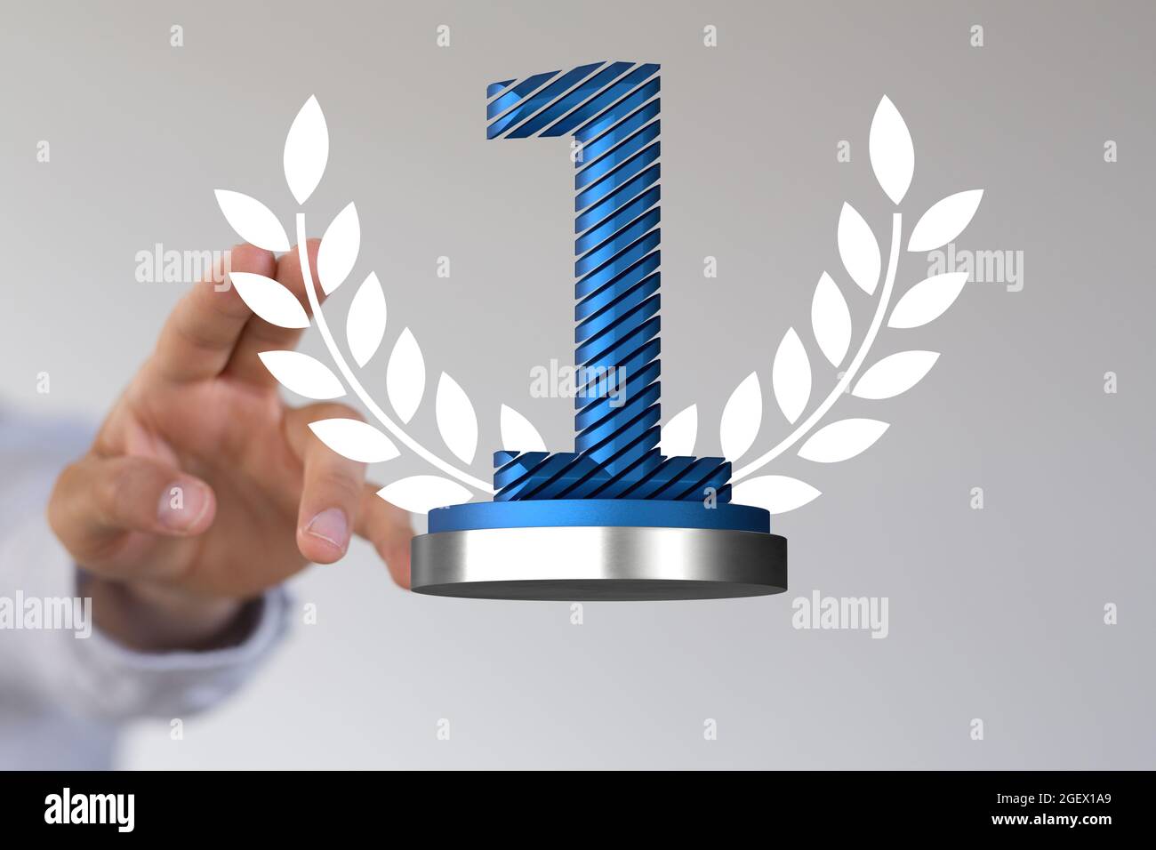 Person's hand reaching to 3D rendered First Place Prize Stock Photo - Alamy