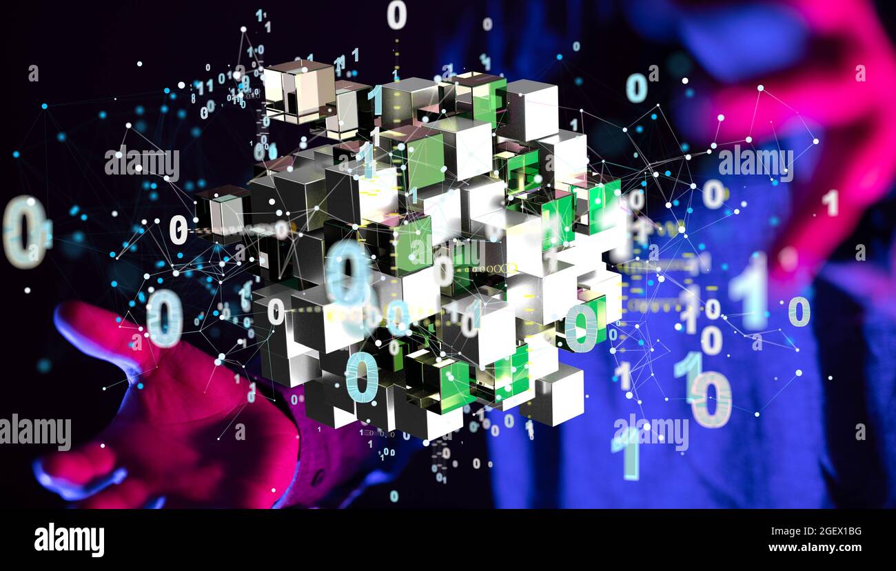3D rendered data connected to each other held in a person's hand Stock Photo - Alamy