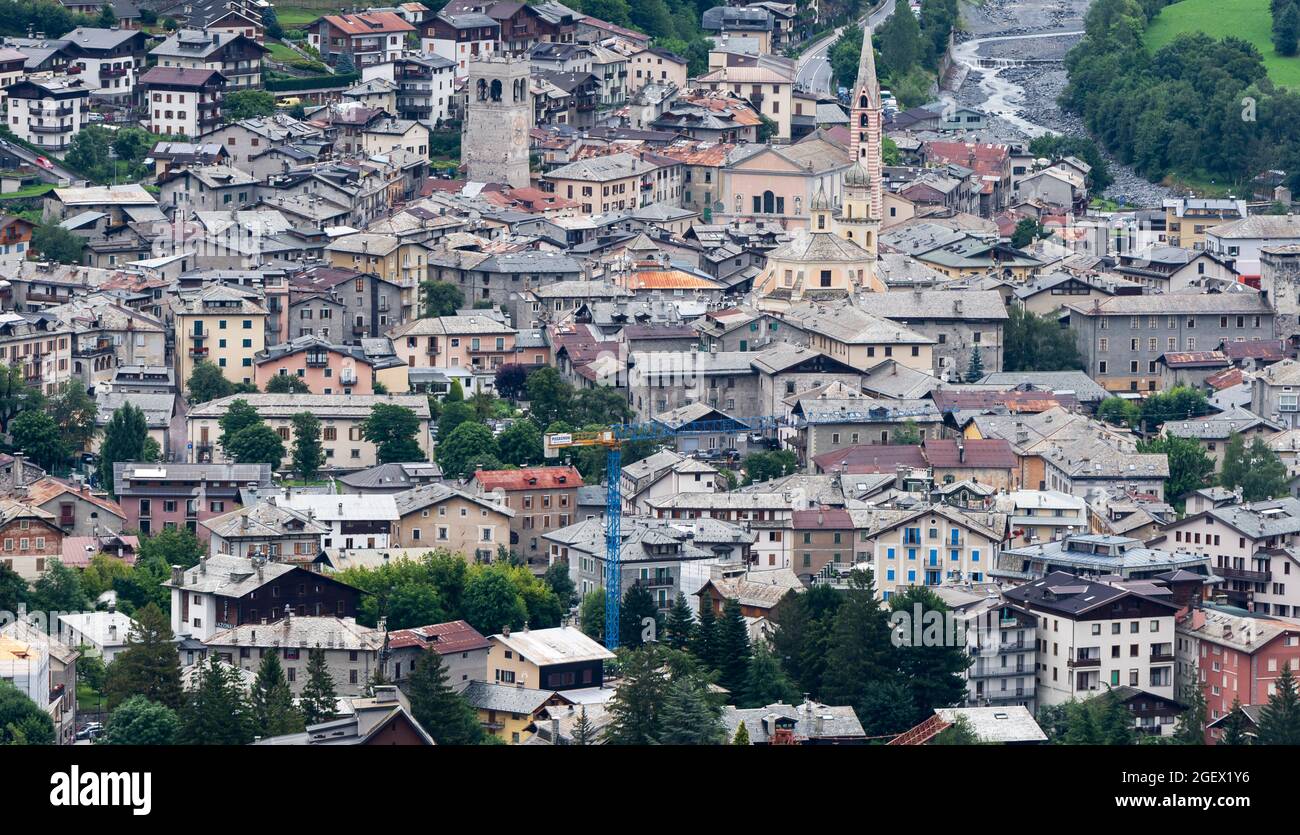 Panorama of Bormio city, Valtellina Stock Photo - Alamy