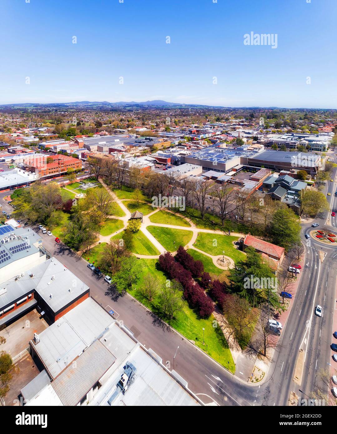 Byng street and Robertson park in Orange city downtown - aerial ...