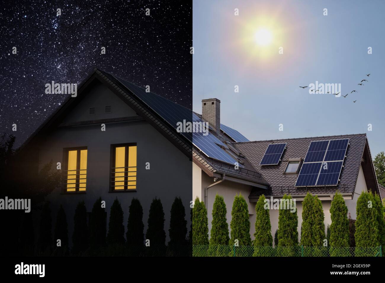 Solar panels on a gable roof. Beautiful modern house and solar energy ...