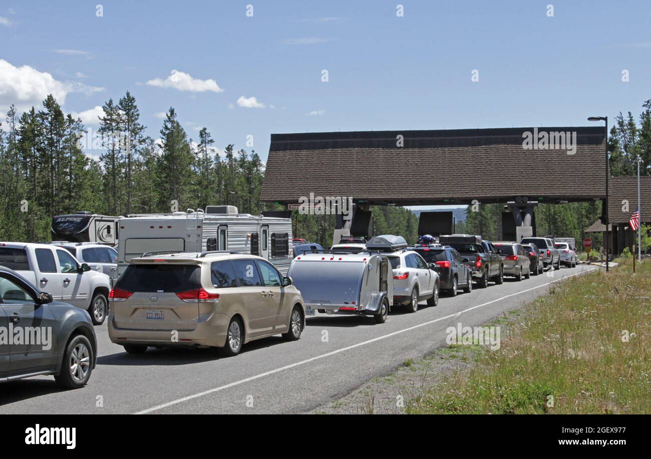Vehicles lined up at West Entrance to Yellowstone National Park ; Date ...