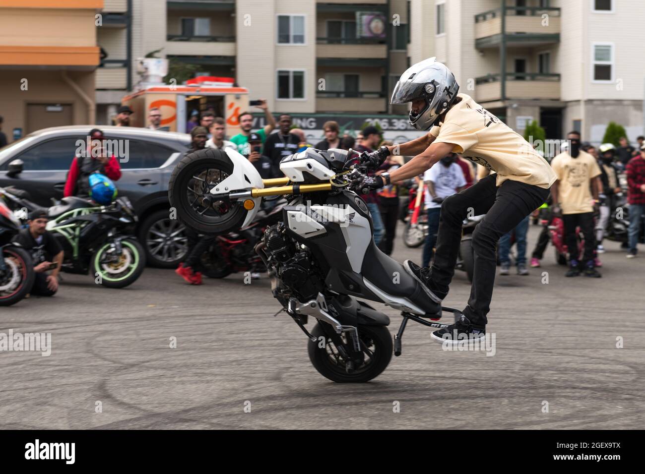 Seattle, USA. 21st Aug, 2021. Around 3:00pm a street bike flash mob takeover of Dicks Drive-In ...