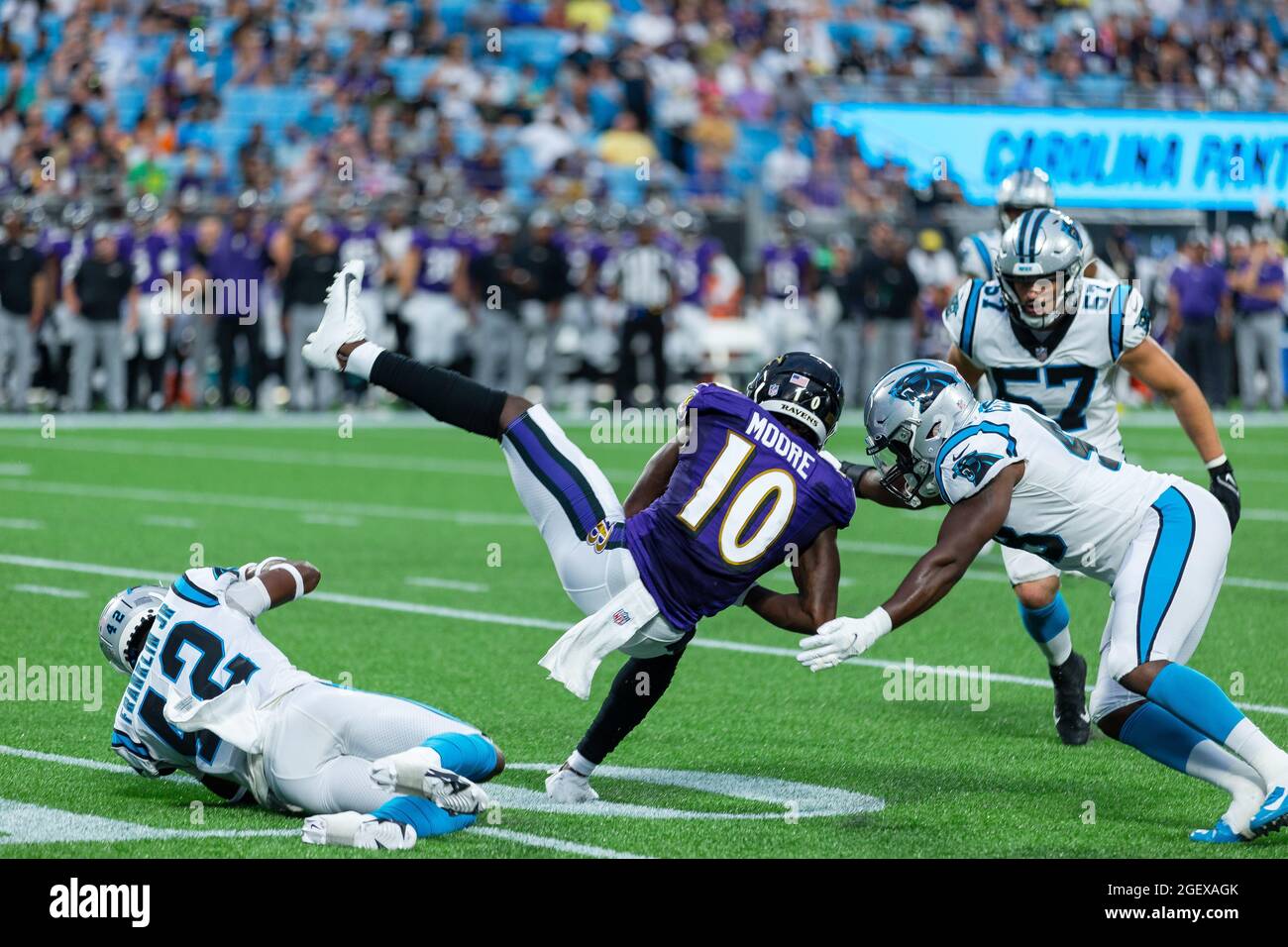 August 21, 2021: Carolina Panthers safety Sam Franklin (42) hits ...