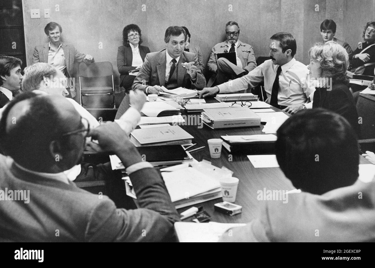 Austin Texas USA, circa 1986: Mayor Ron Mullen (center) speaks during a ...