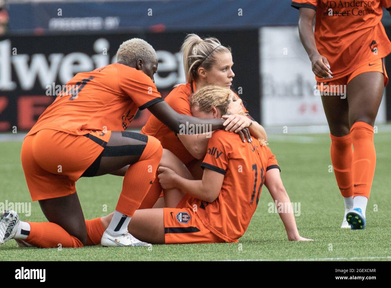 Rachel Daly (3 Houston Dash) consoling Emily Ogle (18 Houston Dash) during the Womens ...
