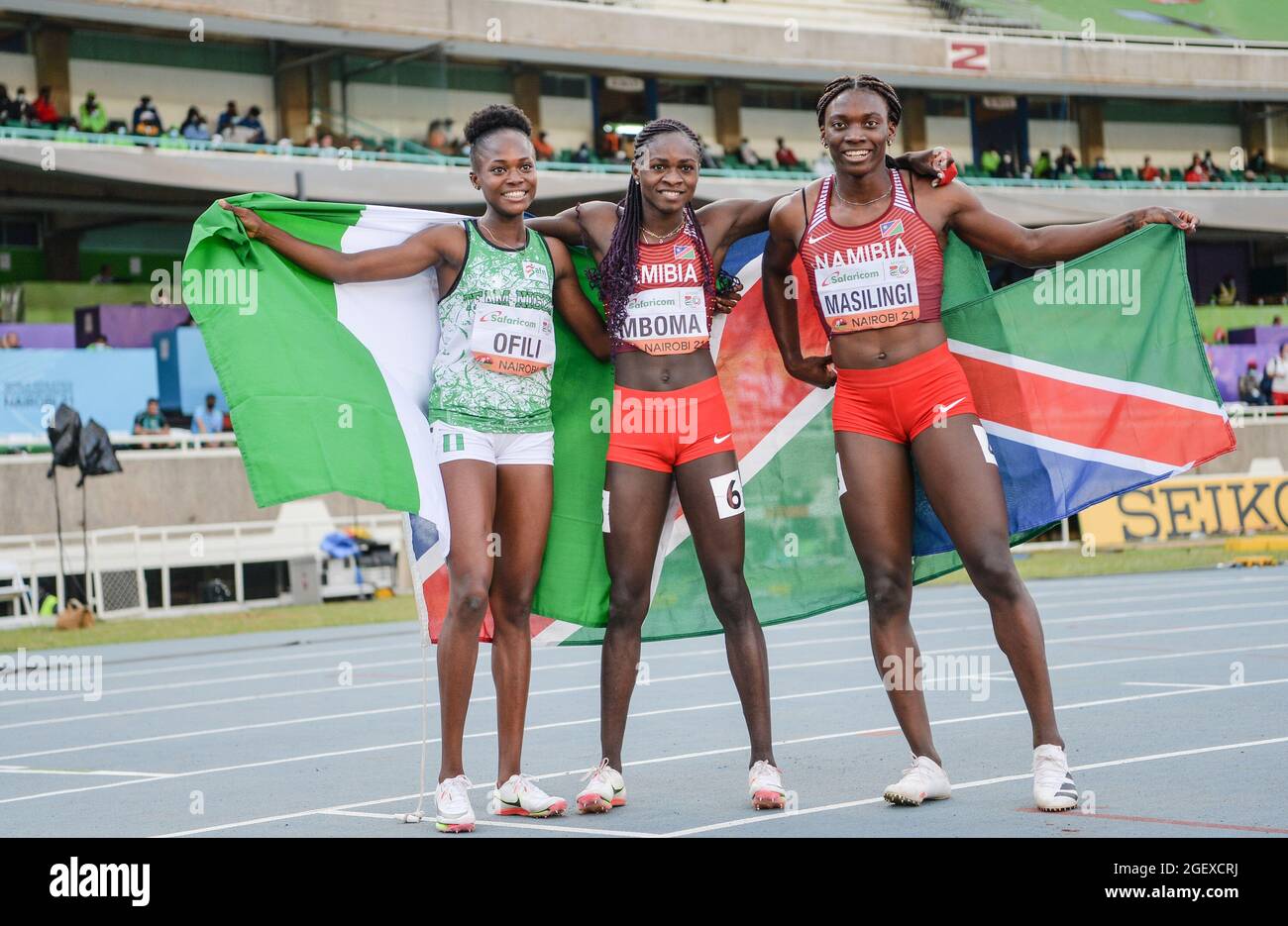 Nairobi, Kenya. 21st Aug, 2021. Christine Mboma (C) of Namibia ...