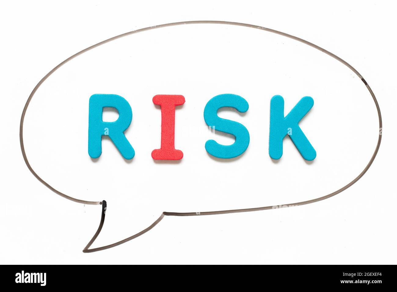 Alphabet letter with word risk in black line hand drawing as bubble ...