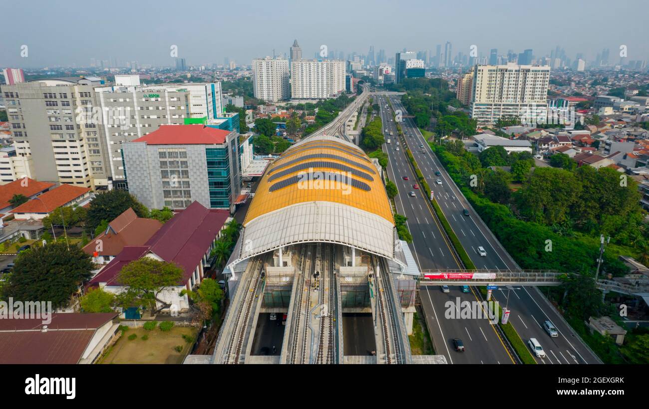Aerial view of LRT railway station platform at the new constructed in ...