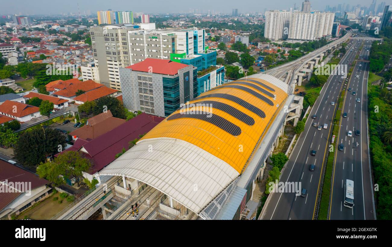 Aerial view of LRT railway station platform at the new constructed in ...