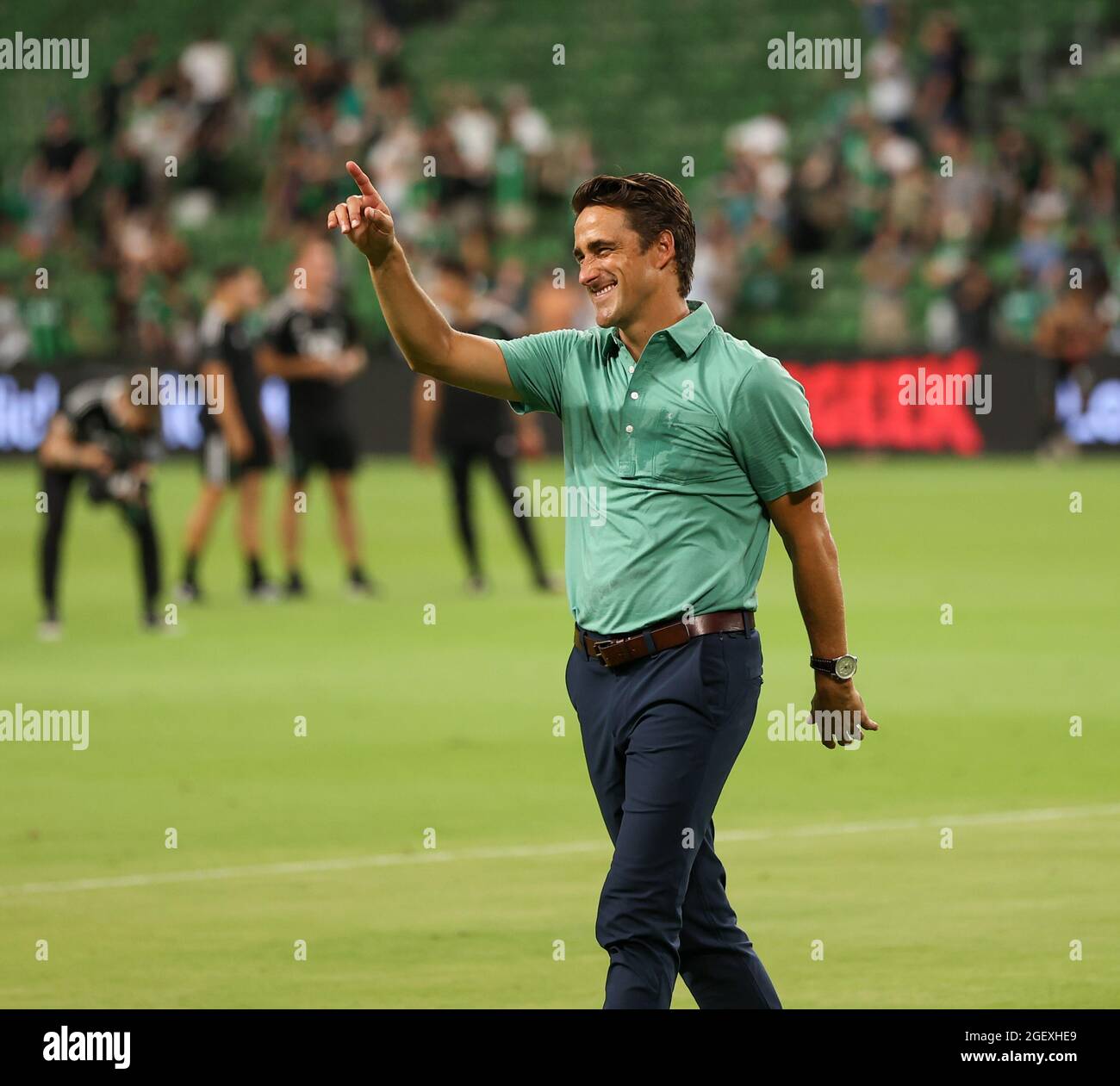 August 21, 2021: Austin FC head coach Josh Wolff gestures to the fans ...