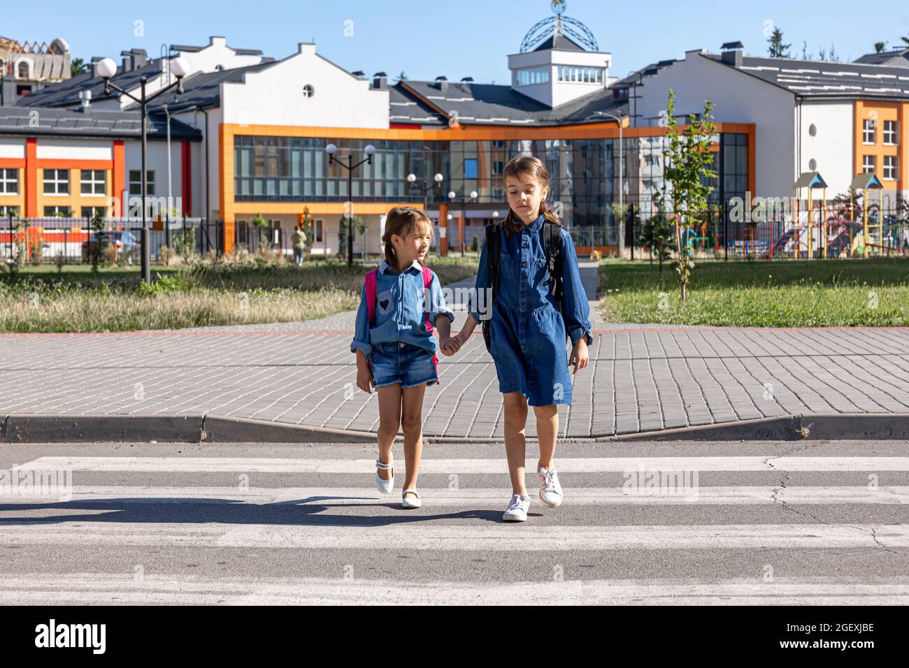 Primary school students go home after school, the first day of school ...