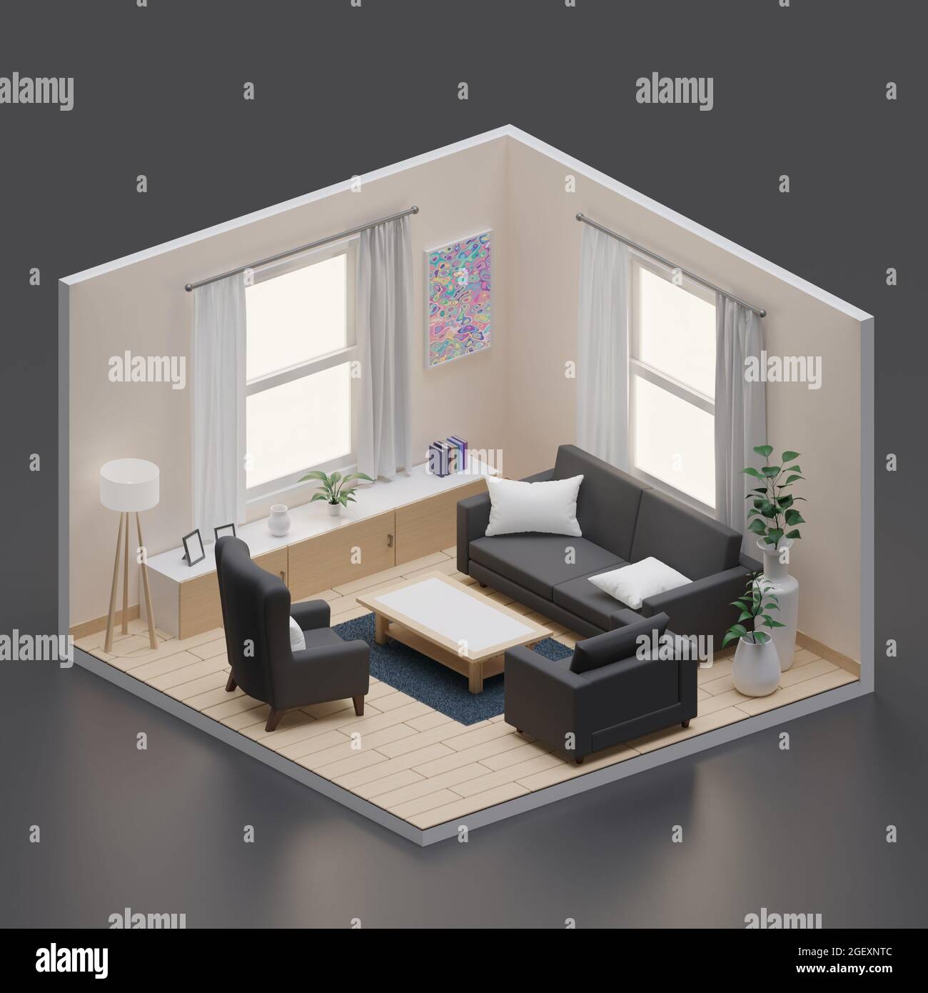 Isometric living room open inside interior architecture 3d rendering ...