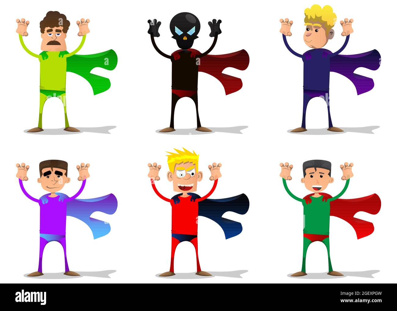 Funny cartoon man dressed as a superhero is trying to scare you. Vector ...