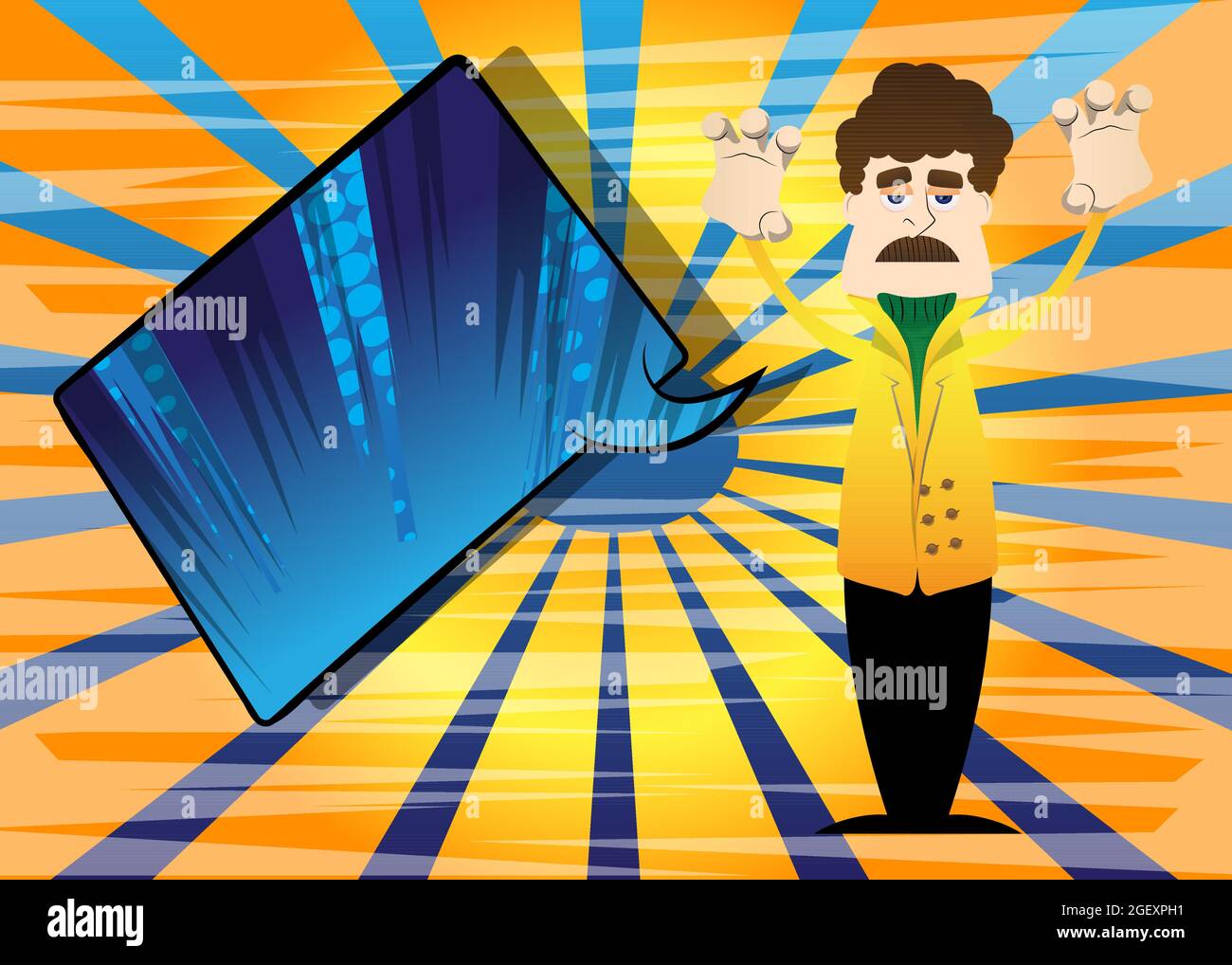 Funny cartoon man dressed for winter is trying to scare you. Vector ...