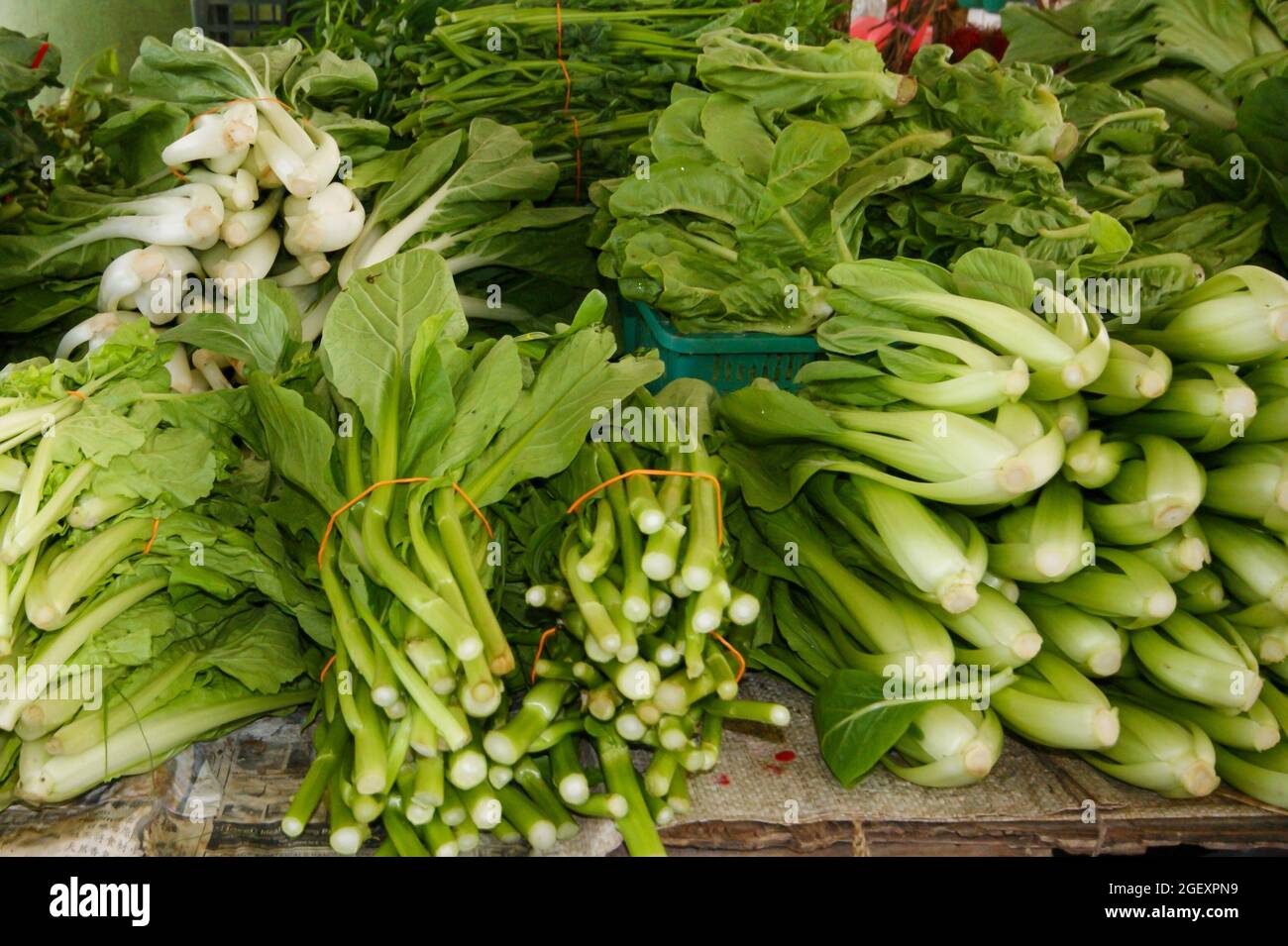Pak choi and other green vegetables for sale on a local market in Sabah ...
