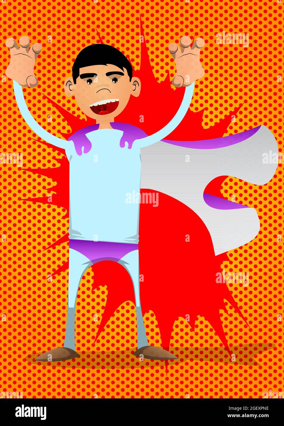 Funny cartoon man dressed as a superhero is trying to scare you. Vector ...