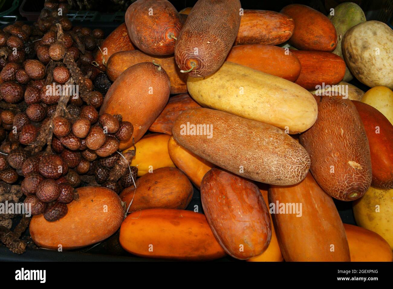 Chinese yellow cucumber and Salak, snake fruit, for sale on a local ...