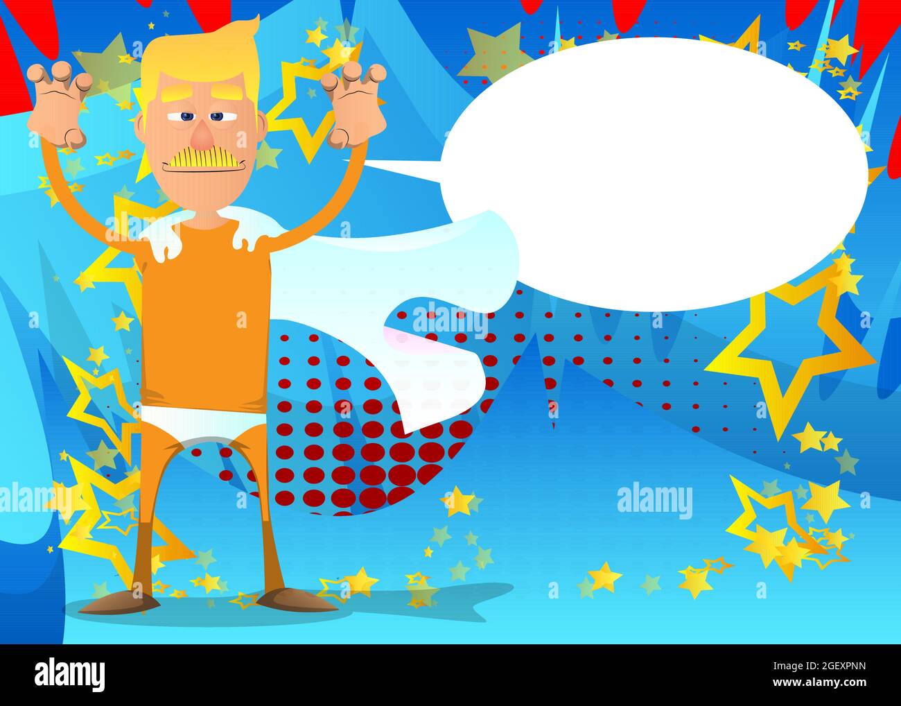 Funny cartoon man dressed as a superhero is trying to scare you. Vector ...
