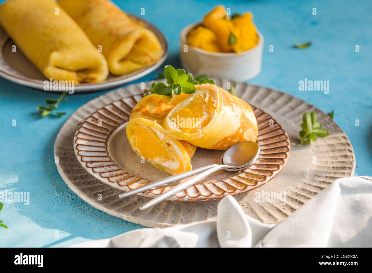 Sticky rice and mango crepe cake roll , Hong Kong , Thai food style in ...