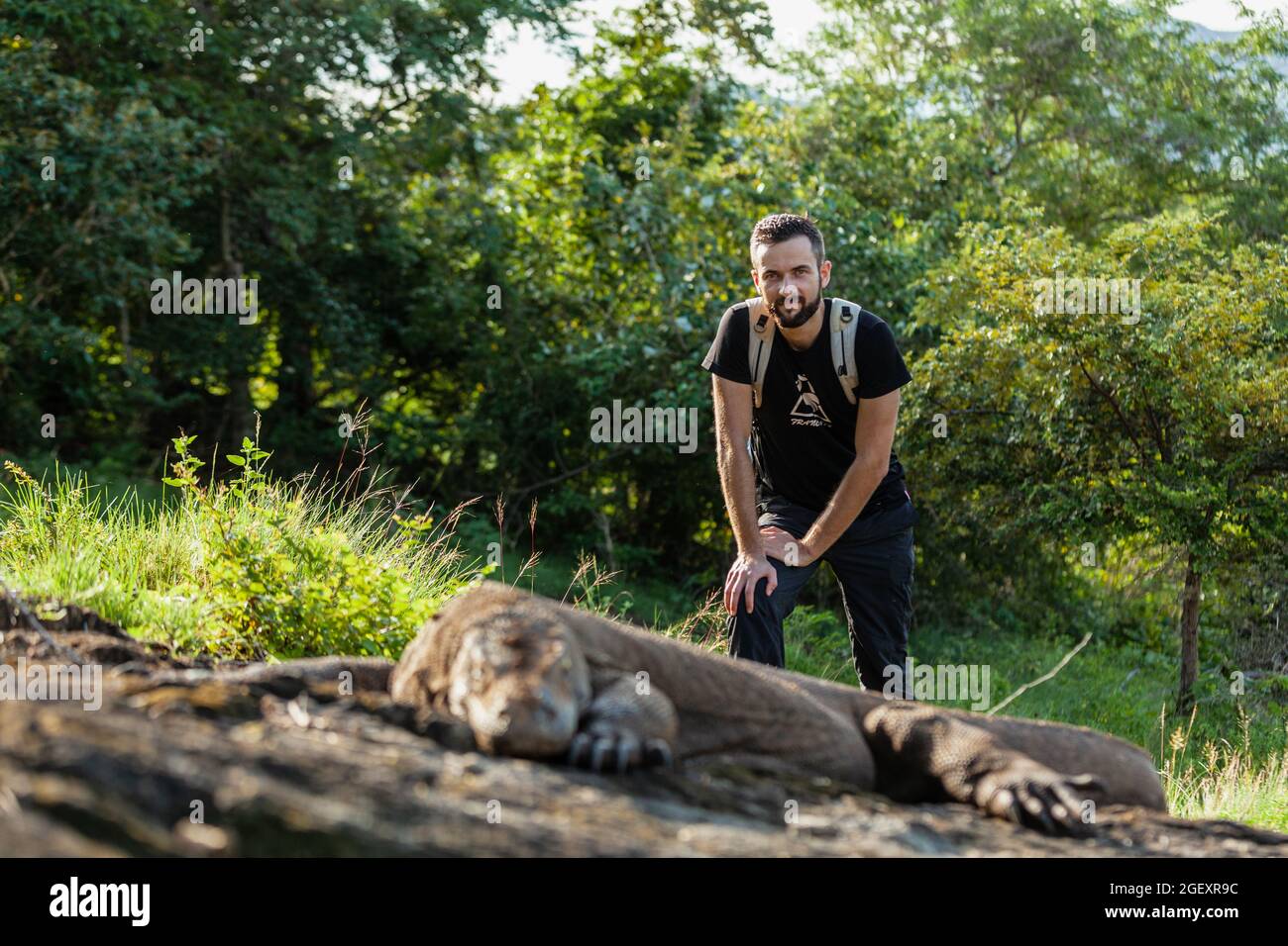 A man standing next to Komodo dragon Stock Photo - Alamy
