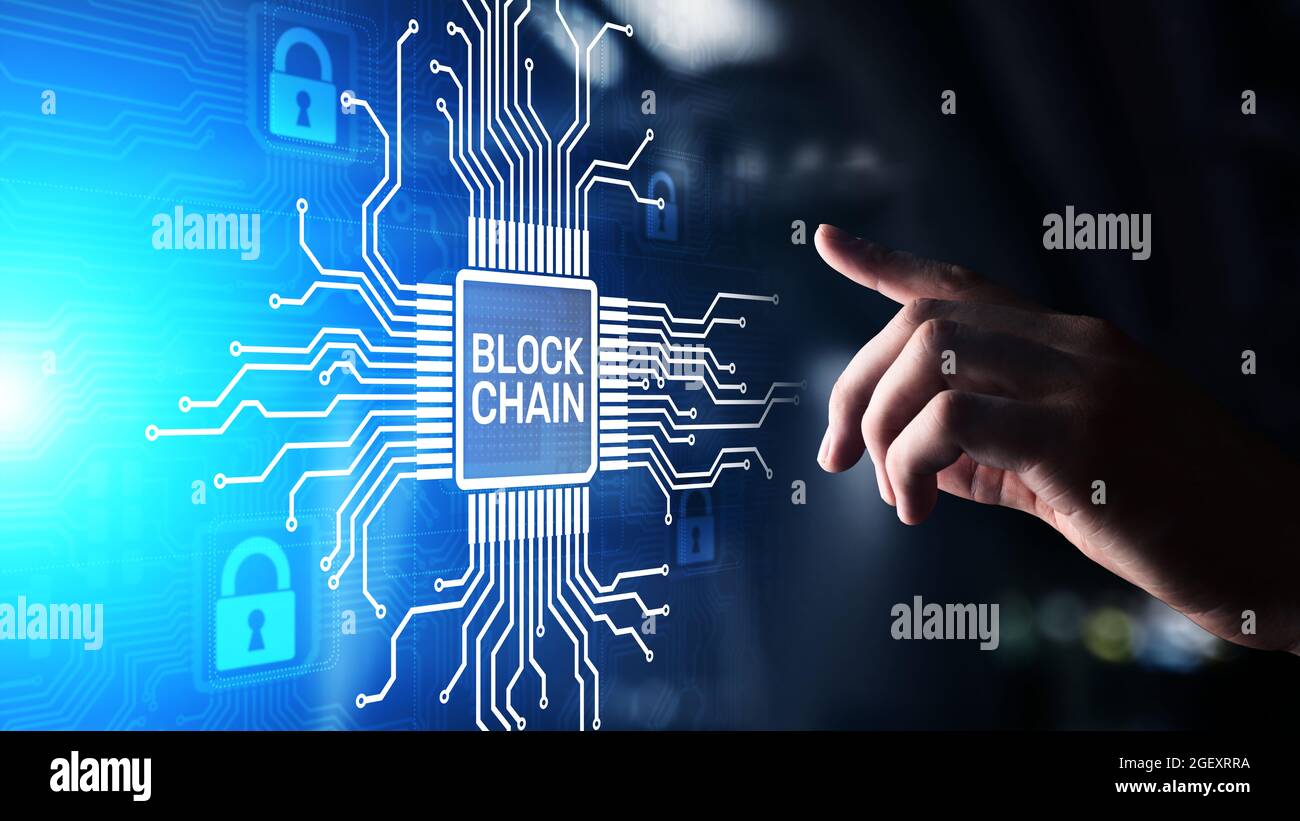 Blockchain technology concept on virtual screen. Cryptography and ...