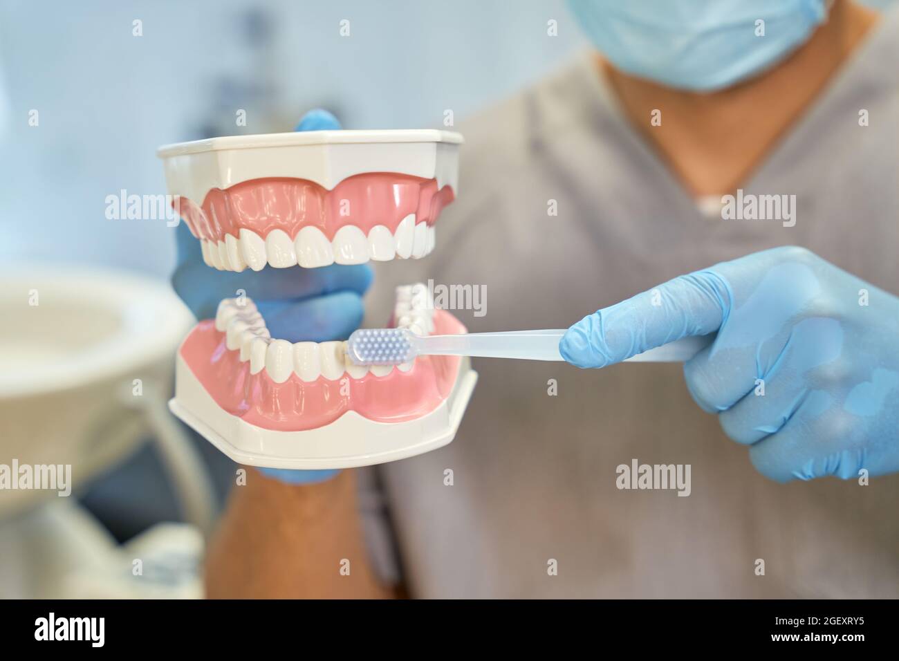 Dental doctor explaining rules of teeth-brushing on teeth model Stock ...