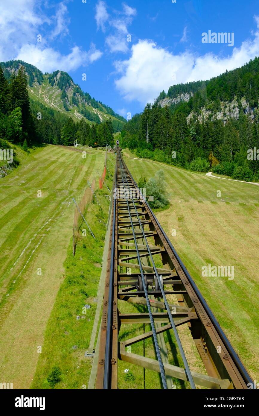 rails of the funicular to the upper austrian mountain resort wurzeralm ...