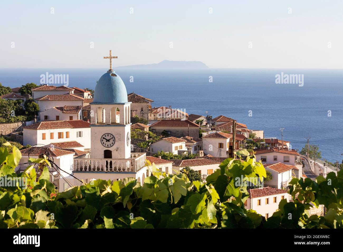 Church tower over village of Dhermi (Dhermiu) and Ionian sea, Cikes ...