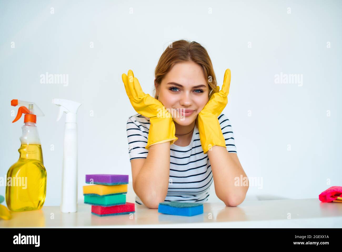 cleaning woman detergent rags sponges protective gloves Stock Photo - Alamy