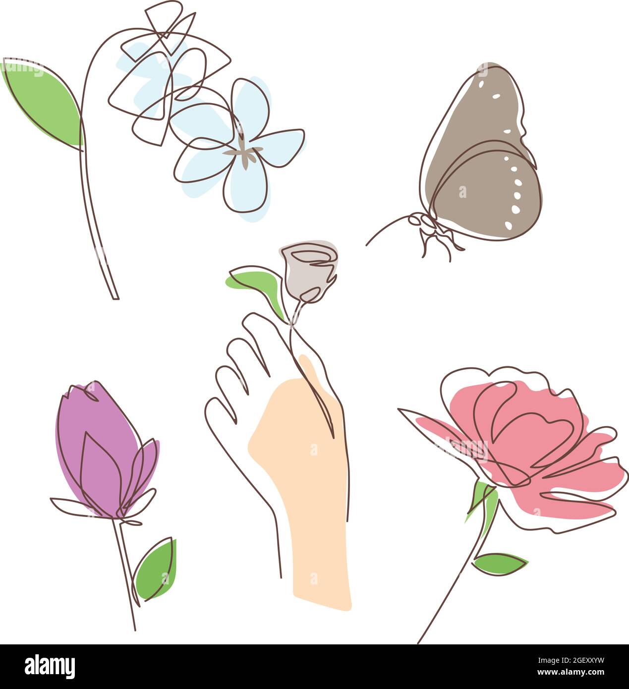 Set of monoline flower hand with butterfly vector illustration Stock ...