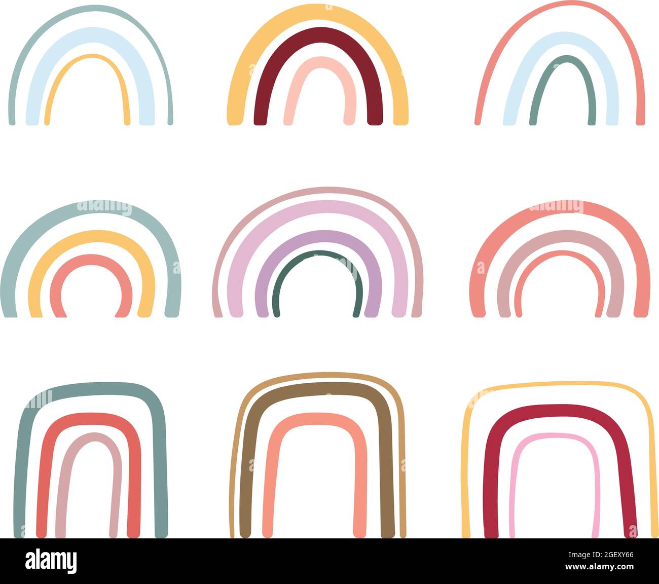 Set of 9 hand drawn colorful rainbow. Plain colorful rainbow. Cartoon ...