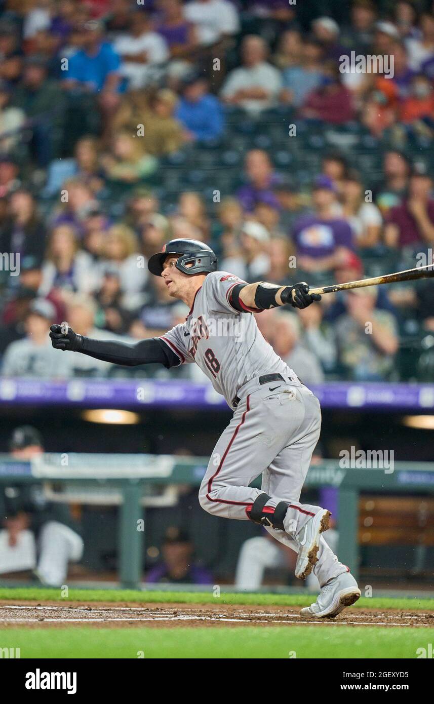 August 21 2021: Arizona catcher Carson Kelly (18) gets a hit during the ...