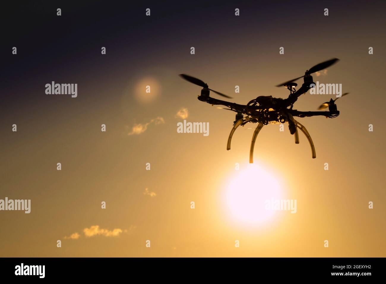 Photographic representation of the flight of a drone at sunset Stock ...