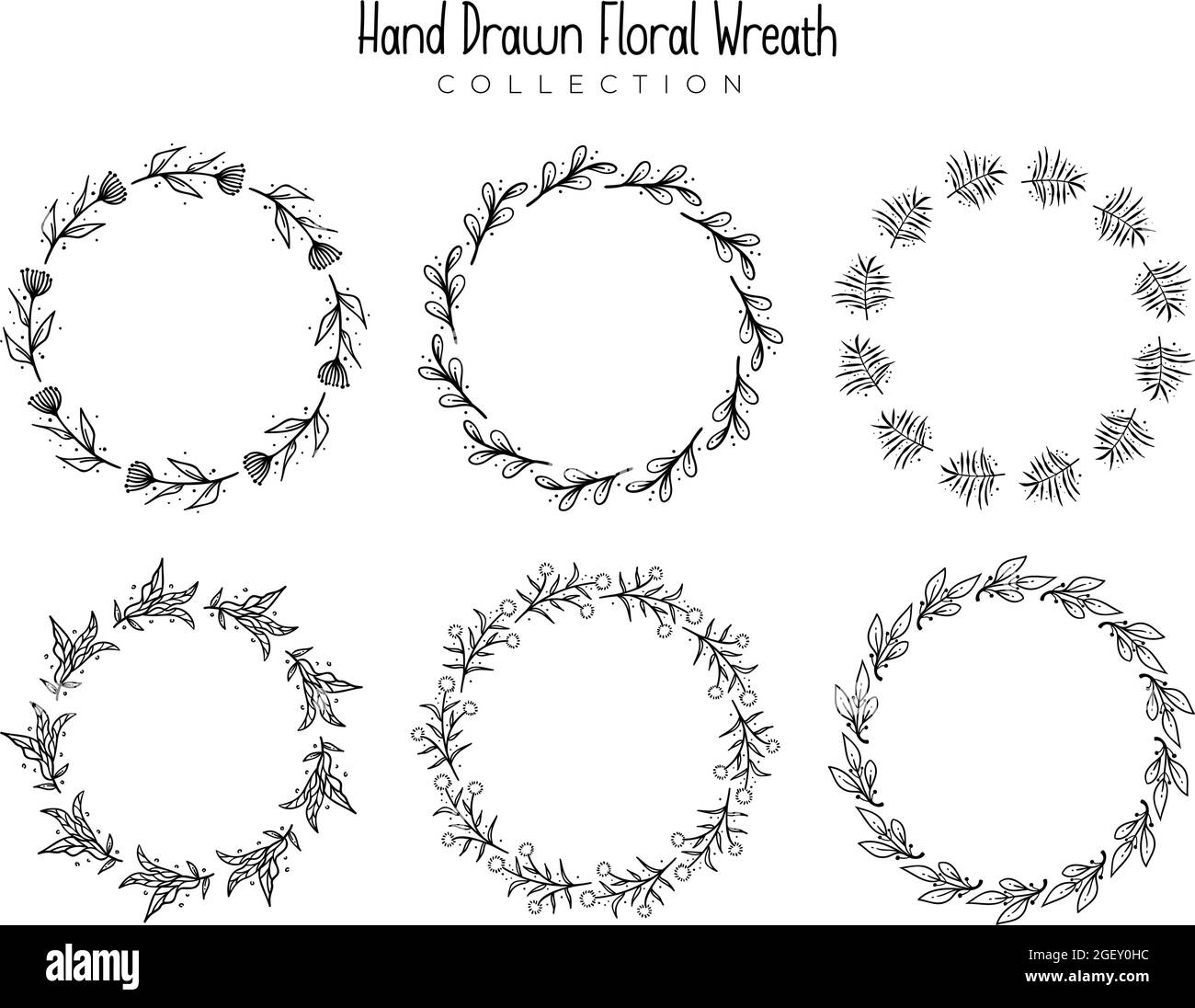 Set of 6 hand drawn floral wreath vector illustration. Template of ...