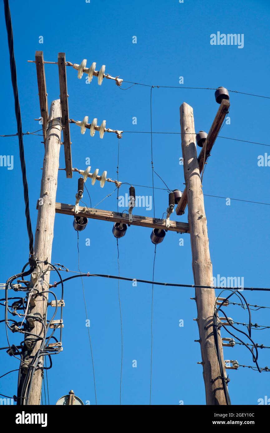 Old electric transformers for energy transportation in the city Stock ...