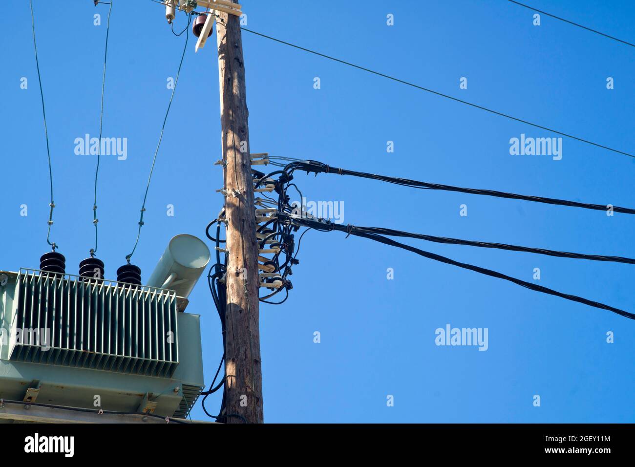Old electric transformers for energy transportation in the city Stock ...