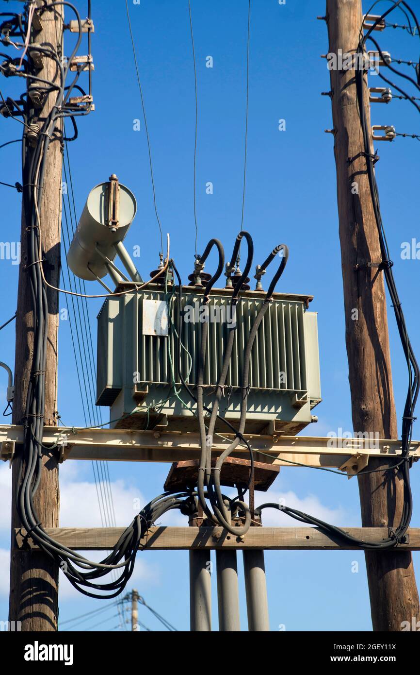 Old electric transformers for energy transportation in the city Stock ...